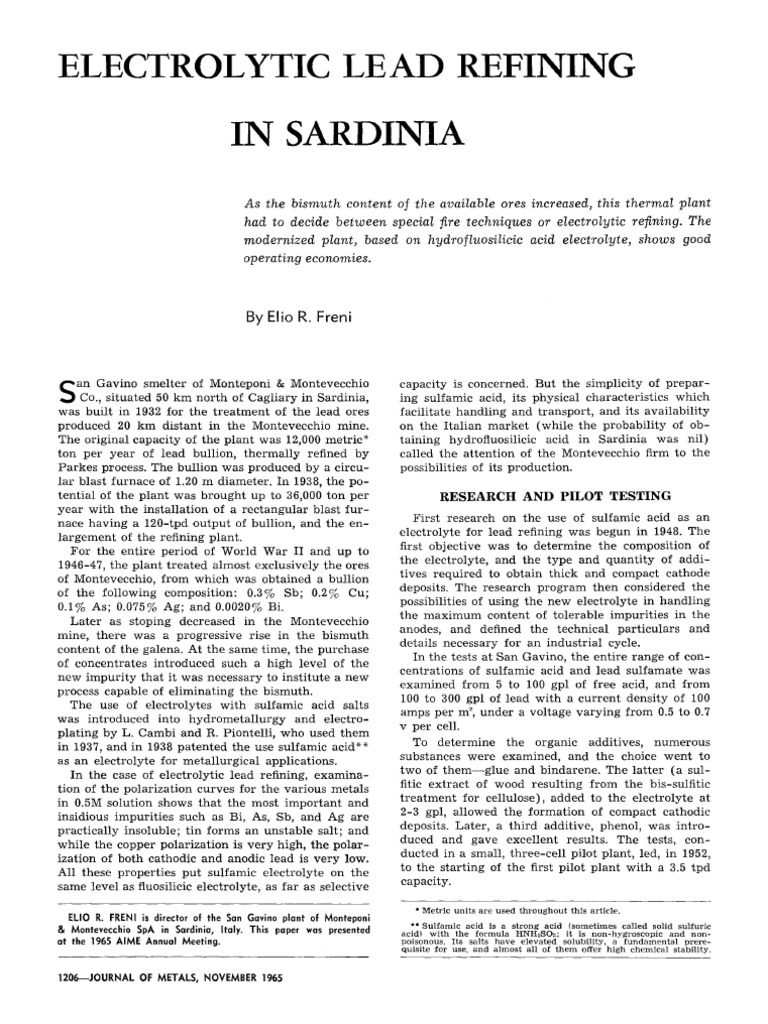 Electrolytic lead refining process in Sardinia optimizes costs | PDF ...