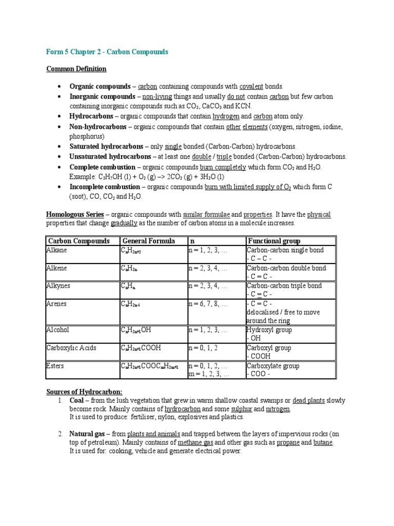 Form 5 Chapter 2 Carbon Compound | PDF | Alkane | Fat