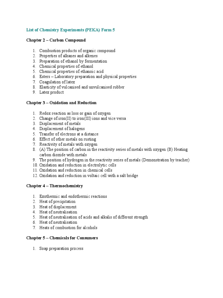 Chapter 2 - Carbon Compound: List of Chemistry Experiments (PEKA) Form ...