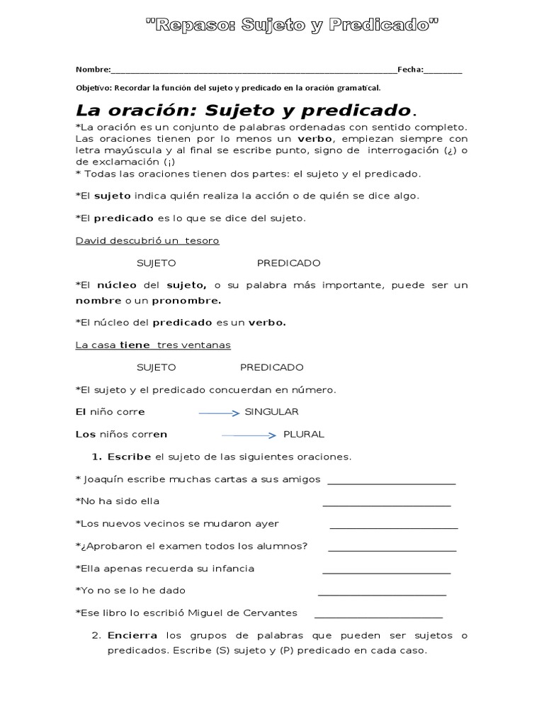 Repaso Del Sujeto y Predicado | PDF | Asunto (gramática) | Predicado ...