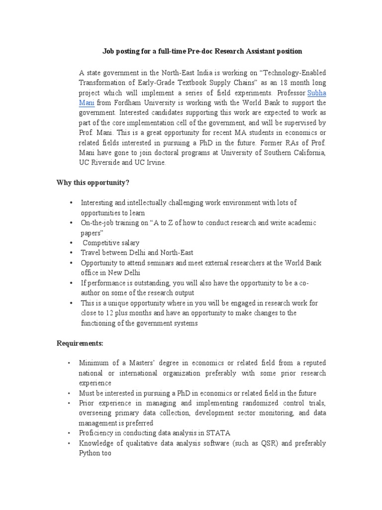 Job Posting For RA Position | PDF | Doctor Of Philosophy | Doctorate