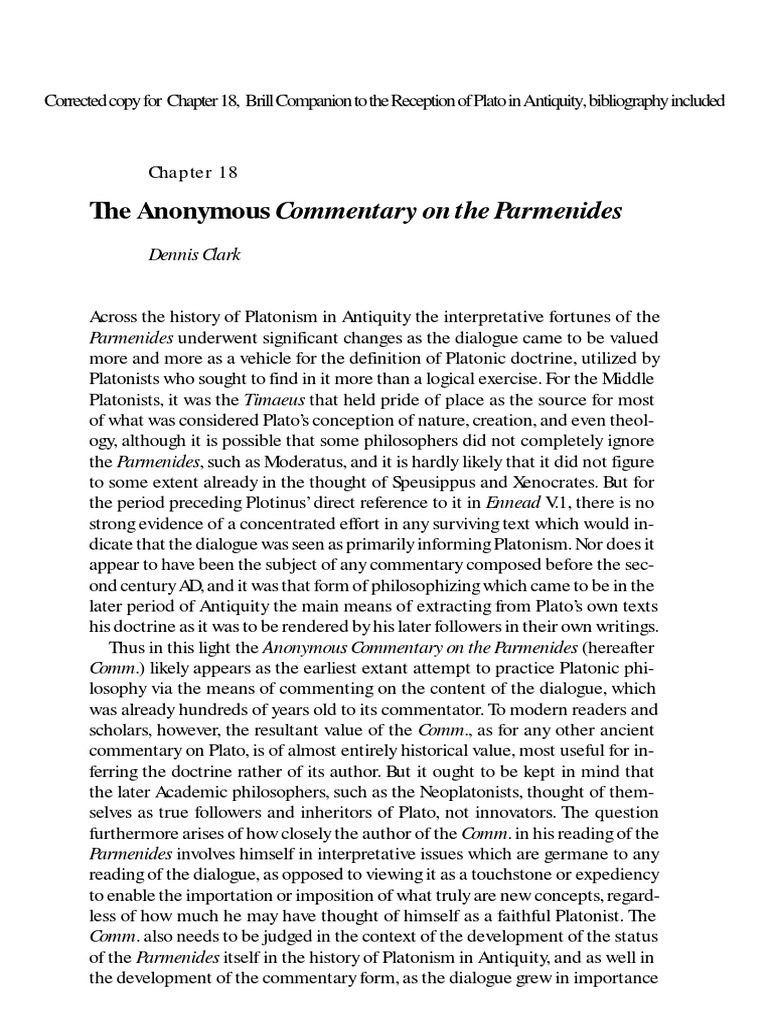 The Anonymous Commentary On The Parmenid PDF | PDF | Platonism | Plato