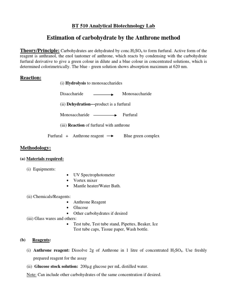 Estimation of Carbohydrate by The Anthrone Method: BT 510 Analytical ...