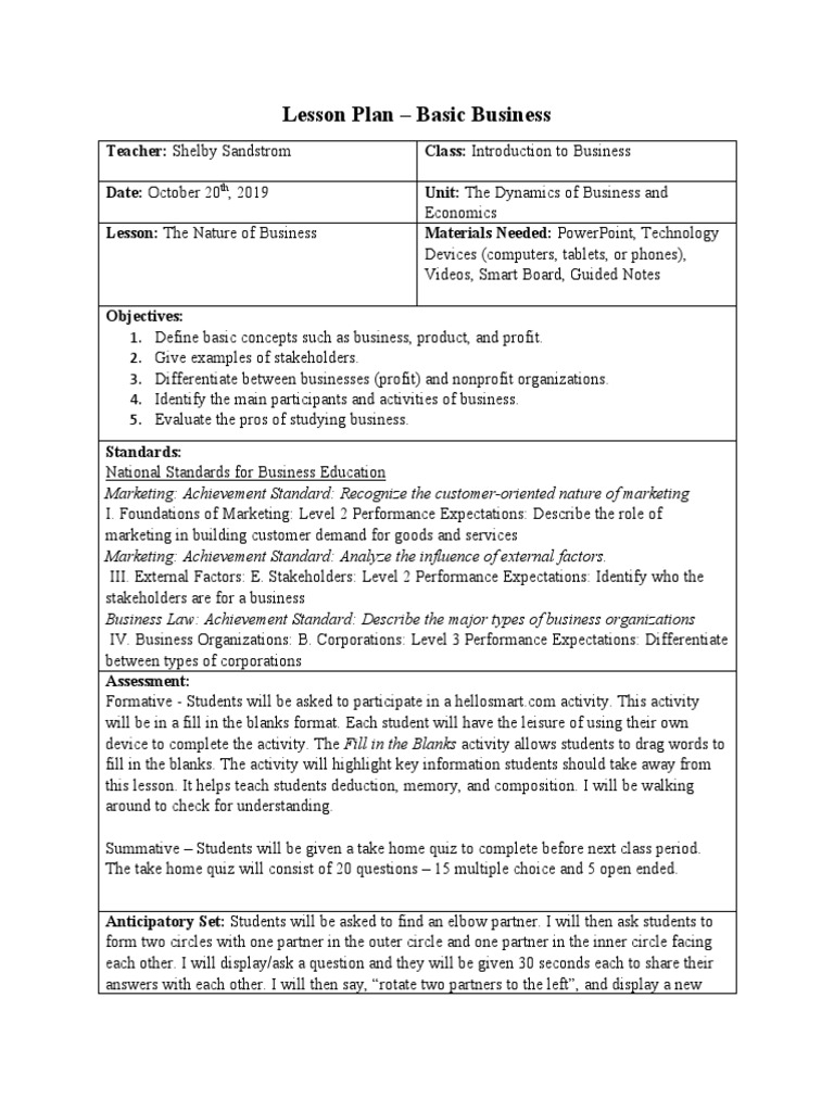 Basic Business Lesson Plan | PDF | Lesson Plan | Marketing