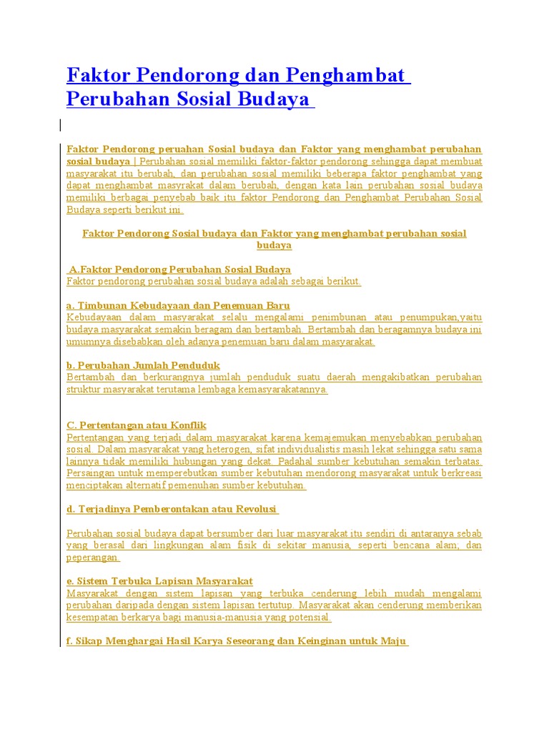 Faktor Pendorong Dan Penghambat Perubahan Sosial Budaya Pdf