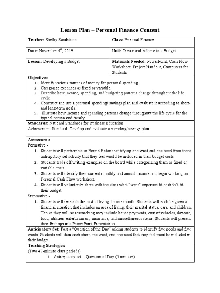 Personal Finance Lesson Plan | Download Free PDF | Education Theory ...