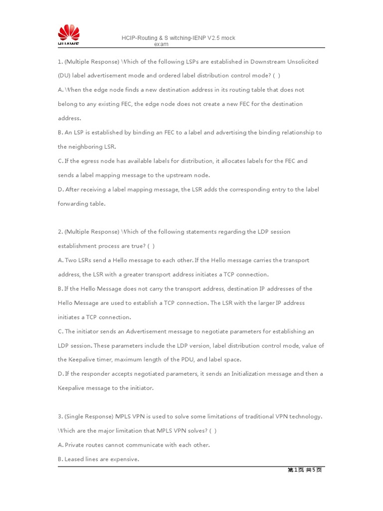HCIP-Routing & S witching-IENP V2.5 Mock Exam | PDF | Multiprotocol Label Switching | Networking