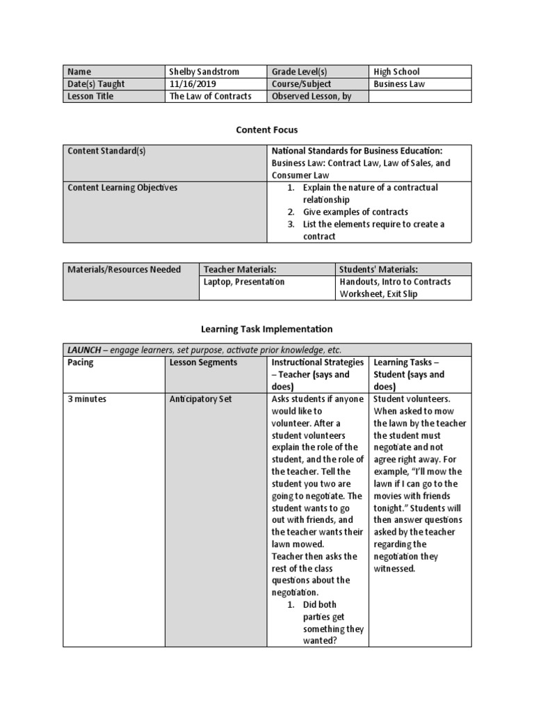 Business Law Lesson Plan | PDF | Educational Assessment | Teachers
