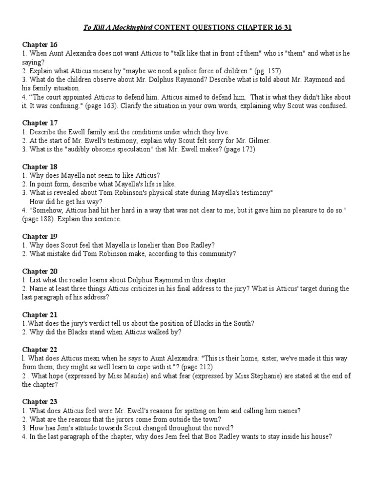 TKAM Content Questions Ch. 16-31 | PDF