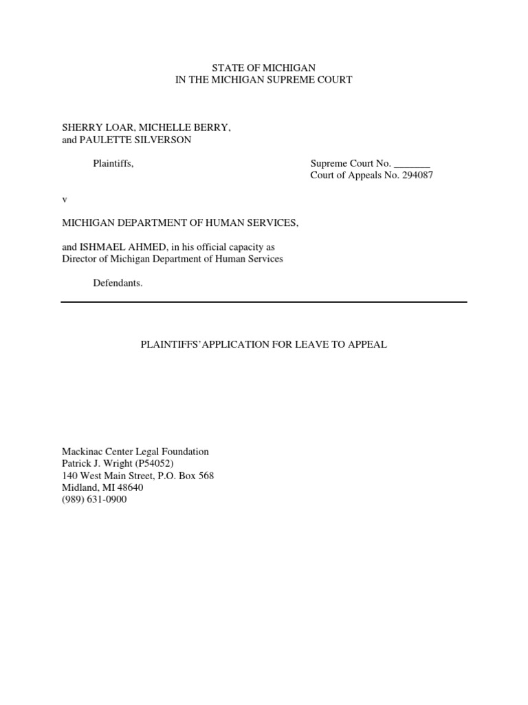 Application For Leave To Appeal To Michigan Supreme Court On Union Dues ...