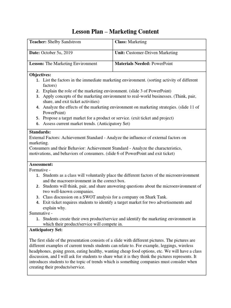Lesson Plan - Marketing Content | PDF | Lesson Plan | Marketing
