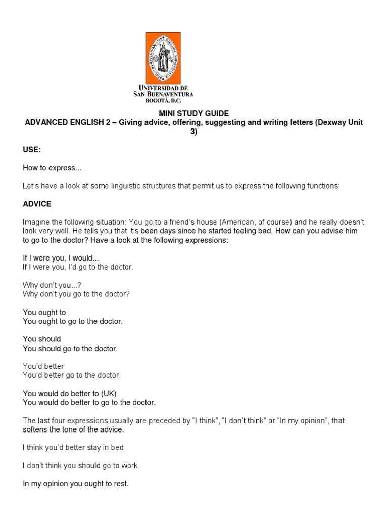 Giving Advice, Writing Formal Letters GUIA UNIDAD 3 | PDF