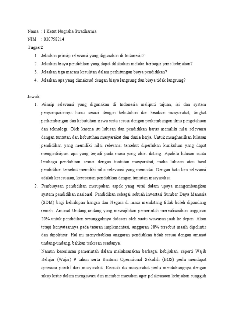 Prinsip dan Biaya Pendidikan di Indonesia | PDF