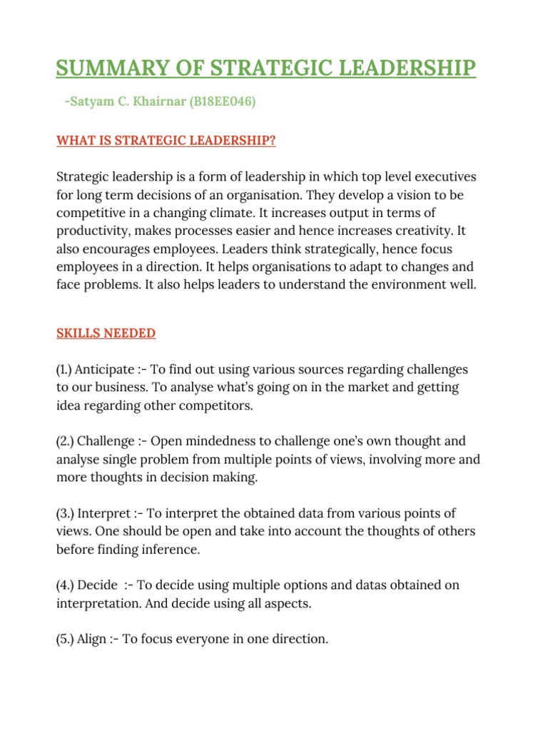 Strategic Leadership by Satyam Khairnar PDF | PDF | Strategic ...
