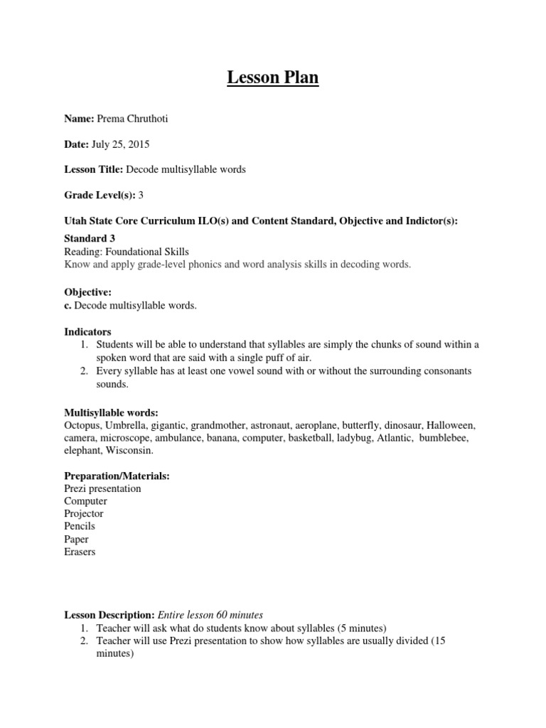 Decoding Multisyllabic Words Lesson Plan | PDF | Syllable | Teaching