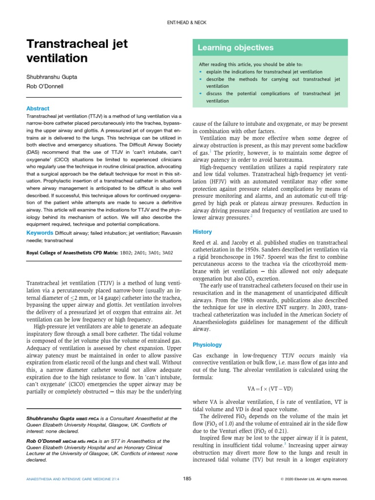 Transtracheal Jet Ventilation: Learning Objectives | Download Free PDF ...