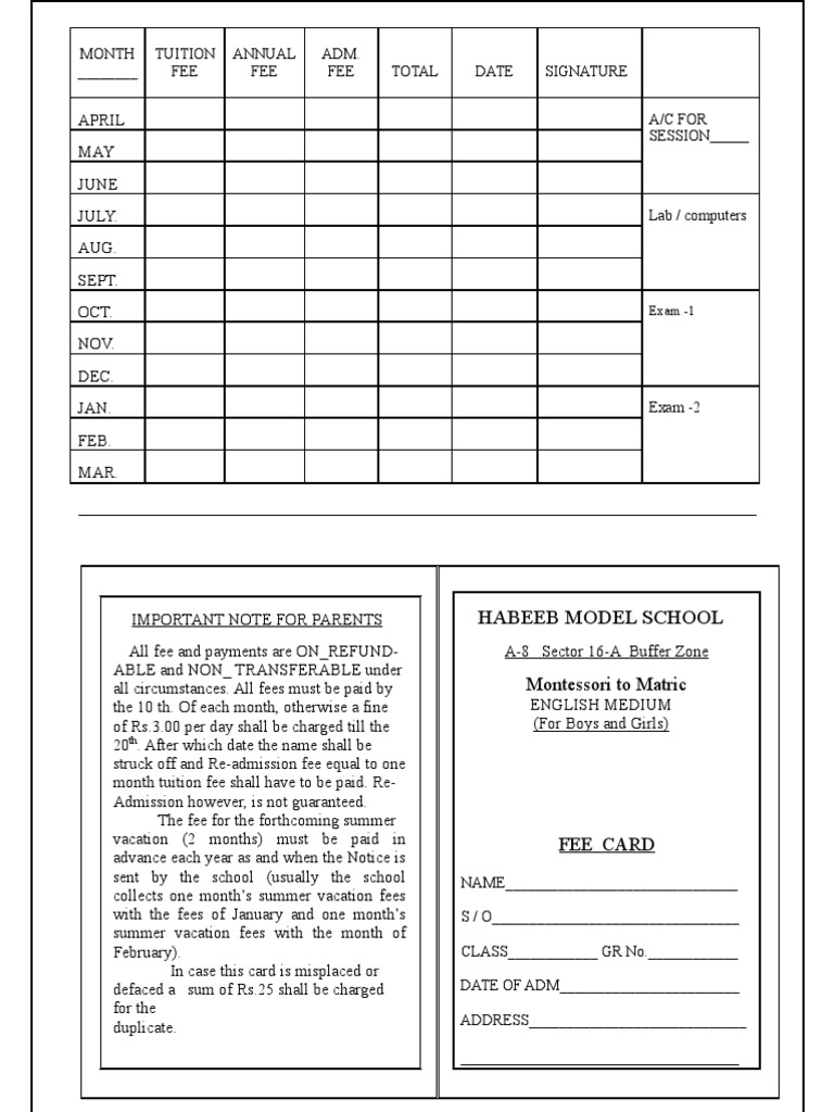 Habib Model School Fee Card Details | PDF