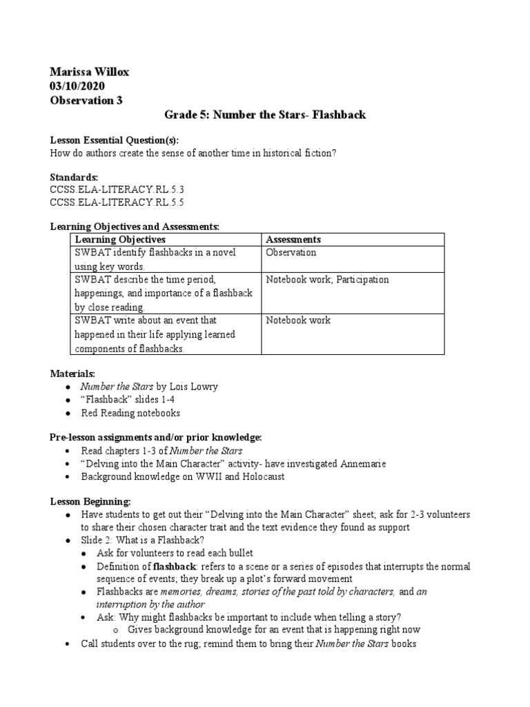 Number The Stars - Lesson Plan 3 10 | PDF