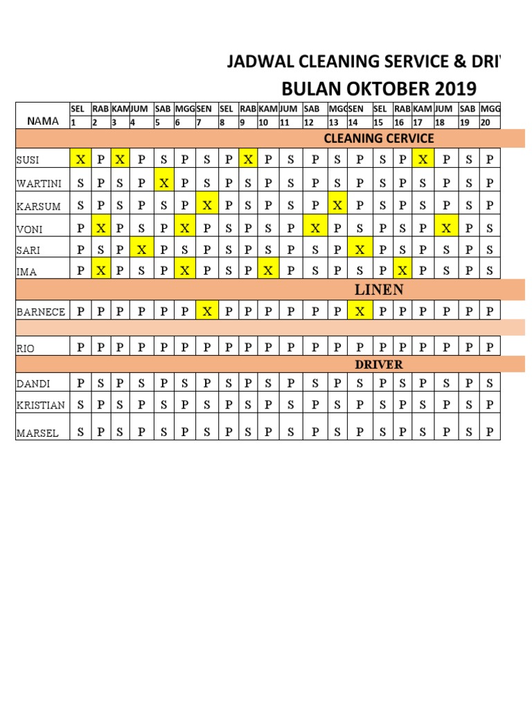 Bulan Oktober 2019: Jadwal Cleaning Service & Driver | PDF
