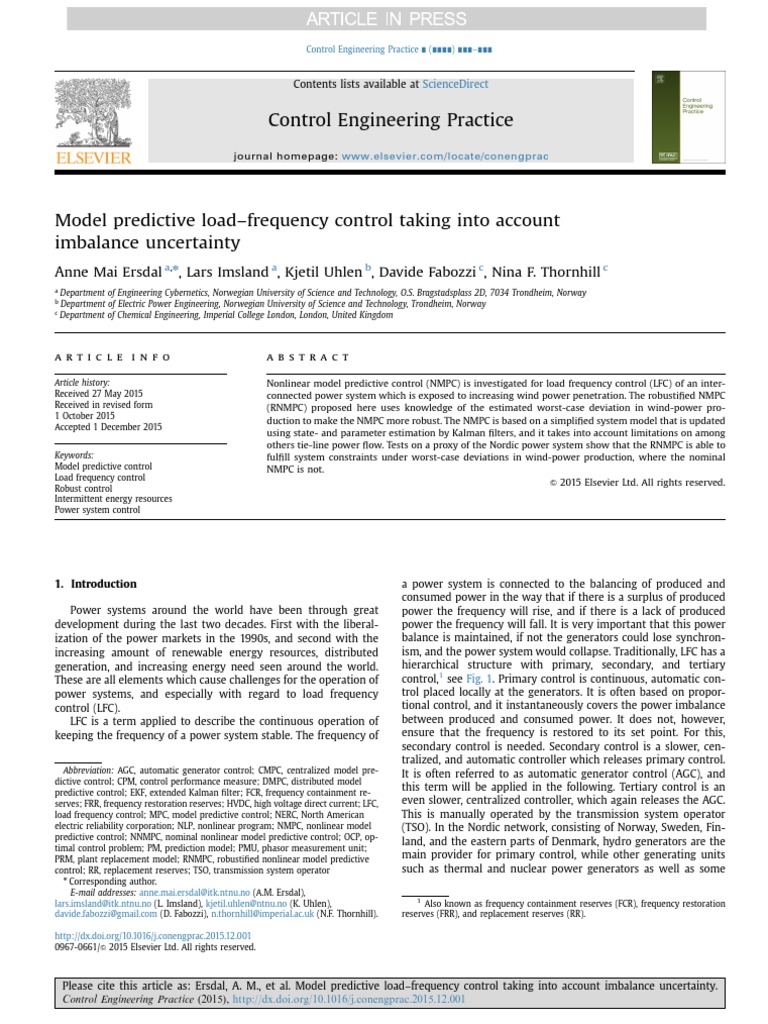 Control Engineering Practice: Anne Mai Ersdal, Lars Imsland, Kjetil Uhlen, Davide Fabozzi, Nina ...