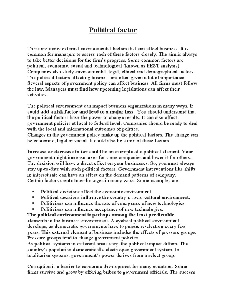 Political Factor: Increase or Decrease in Tax Could Be An Example of A ...