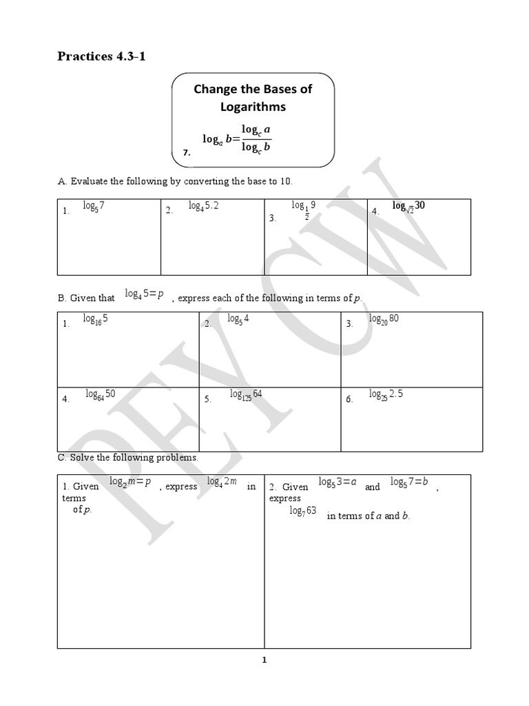 Change of Base Logarithm Practice | PDF | Logarithm | Number Theory