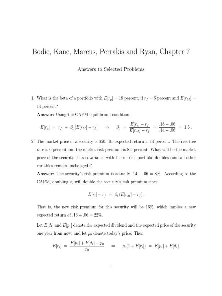 Bodie, Kane, Marcus, Perrakis and Ryan, Chapter 7: Answers To Selected Problems | PDF | Capital ...
