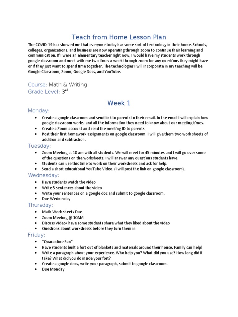 Remote Learning Lesson Plan for 3rd Grade | PDF | Lesson Plan | Classroom
