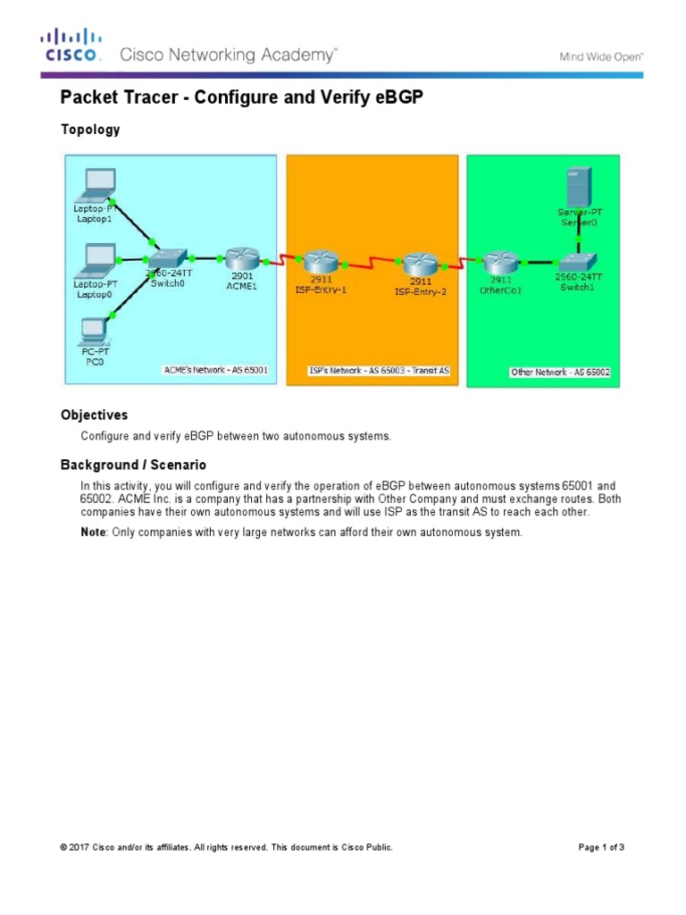 3.5.3.4 Packet Tracer - Configure and Verify eBGP - ILM | PDF | Router (Computing) | Internet ...