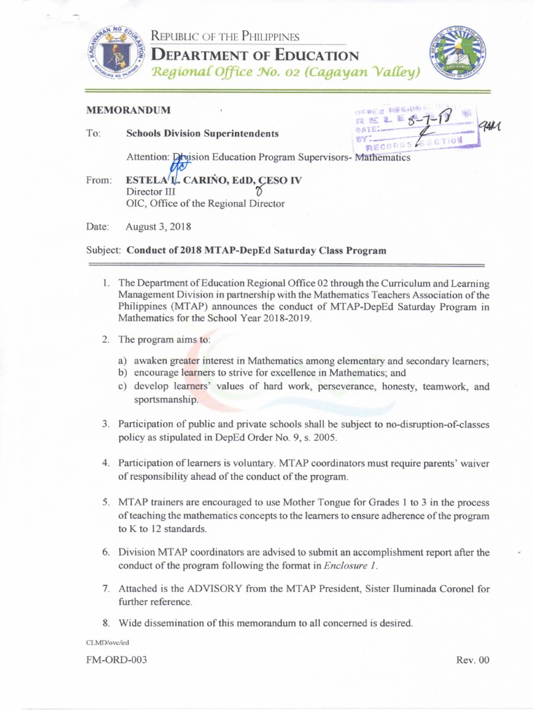 CONDUCT OF 2018 MTAP DepEd Saturday Class Program | PDF