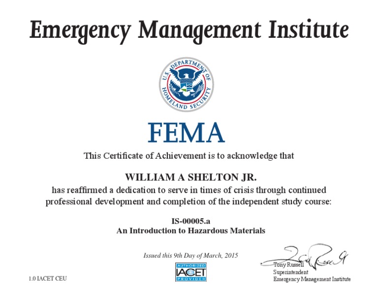 Emergency Management Institute: William A Shelton JR | PDF