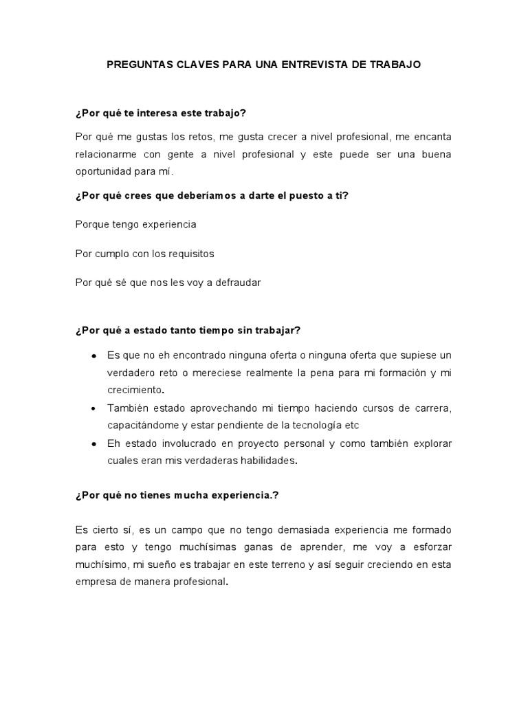 Preguntas Claves para Una Entrevista de Trabajo | PDF | Entrevista de ...