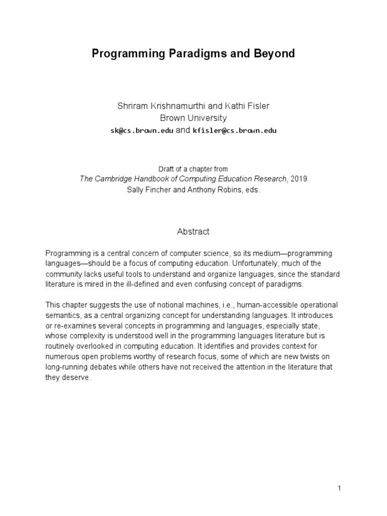 Programming Paradigms and Beyond: Shriram Krishnamurthi and Kathi Fisler Brown University and ...