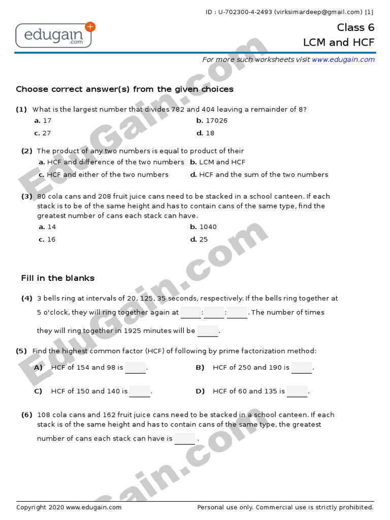 Class 6 LCM and HCF: Choose Correct Answer(s) From The Given Choices ...