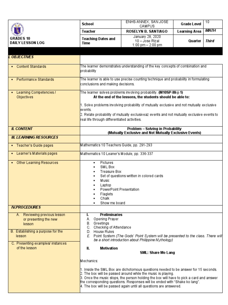 Grade 10 Math LP | PDF | Probability | Teaching Mathematics