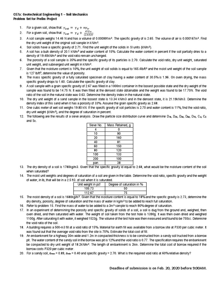 CE7a: Geotechnical Engineering 1 - Soil Mechanics Problem Set For Prelim Project | PDF | Density ...