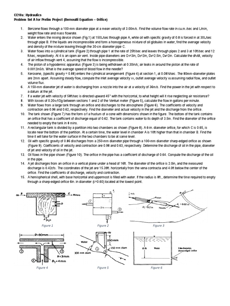 CE10a: Hydraulics Problem Set A For Prelim Project (Bernoulli Equation - Orifice) | Download ...