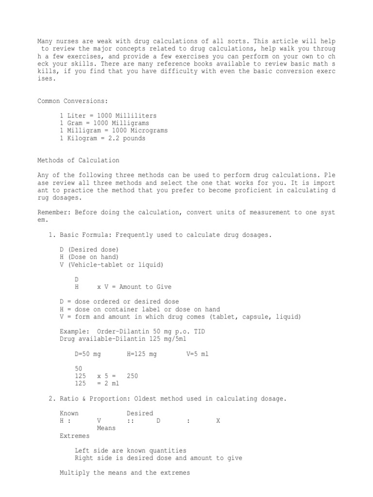 Drug Calculations | PDF | Dose (Biochemistry) | Chemistry