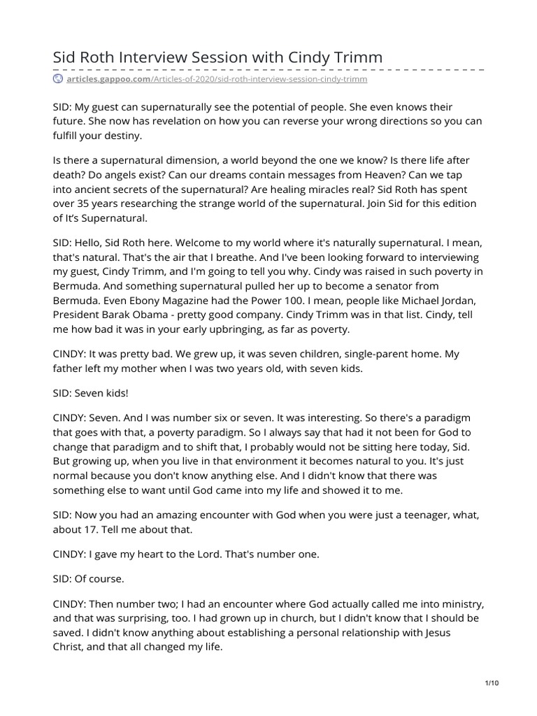 Sid Roth Interview Session With Cindy Trimm | PDF | Revelation | Glory (Religion)