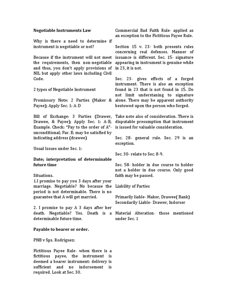 Negotiable Instruments Law | PDF | Civil Law (Legal System) | Common Law