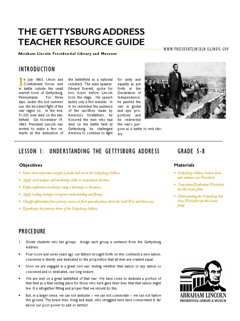 The Gettysburg Address Teacher Resource Guide: Procedure | PDF ...