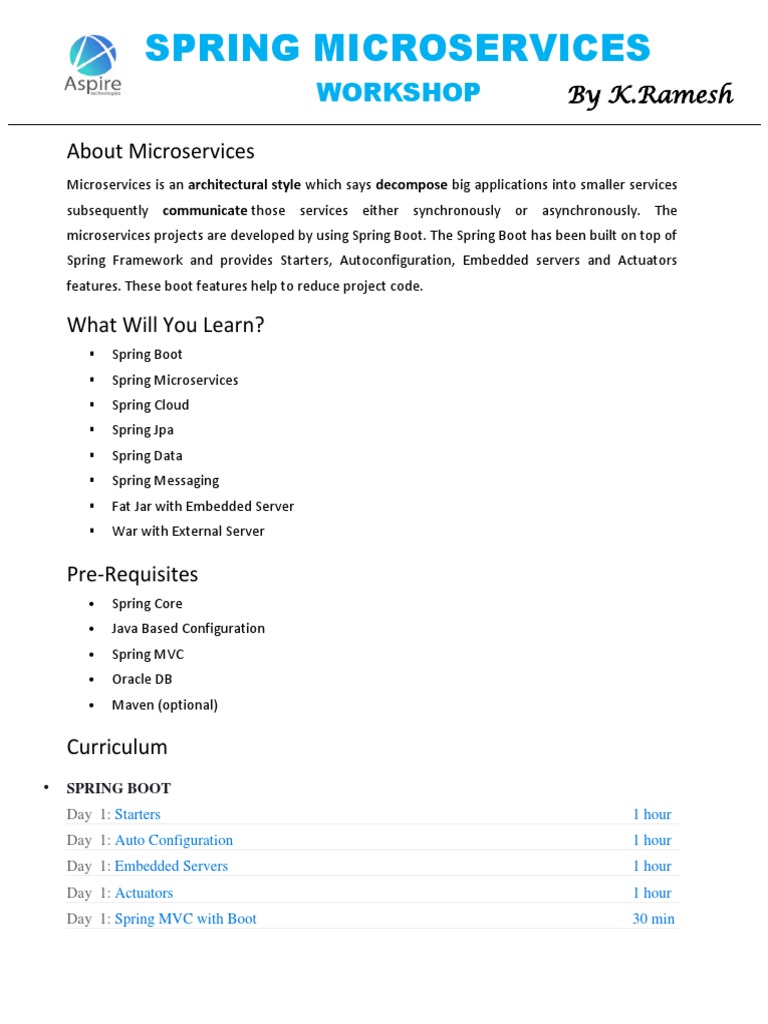 Spring Microservices Workshop Curriculum PDF | PDF | Spring Framework | Information Technology