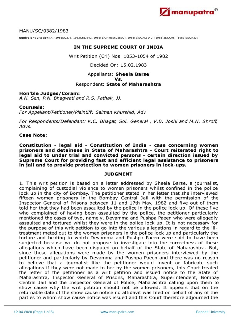 A.N. Sen, P.N. Bhagwati and R.S. Pathak, JJ | PDF | Legal Aid | Lawyer