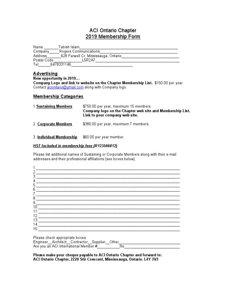 ACI Ontario Chapter 2019 Membership Form: Advertising | PDF | Business