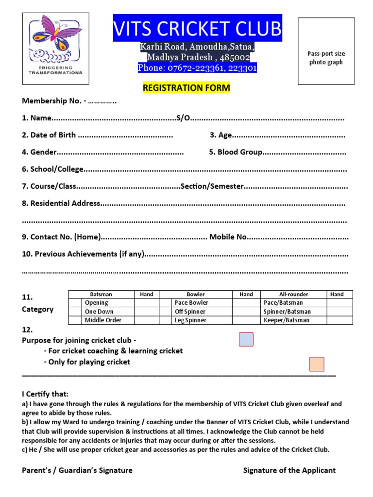 Vits Cricket Club: Registration Form | PDF | Cricket | Sports Rules And Regulations