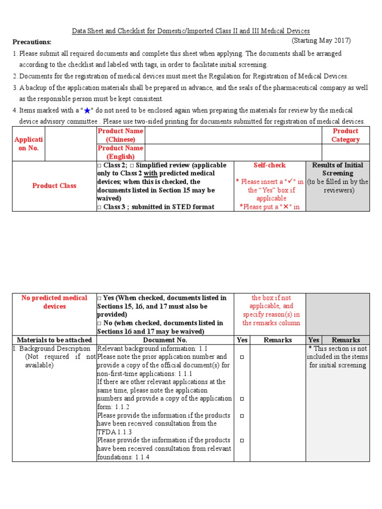 Data Sheet and Checklist For Domestic Imported Class II and III Medical ...