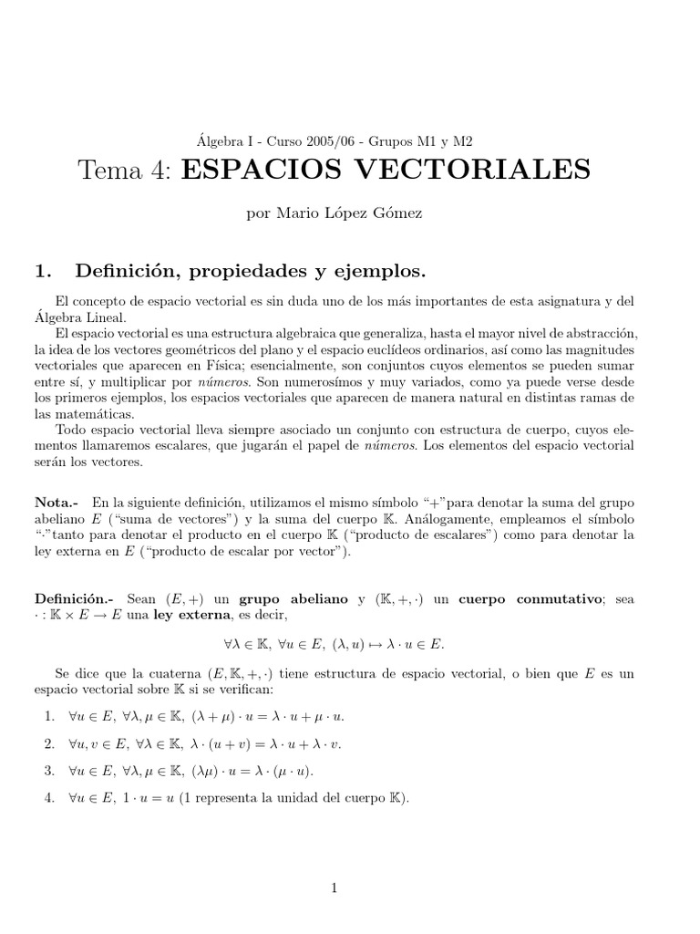Tema 4 Espacios Vectoriales Pdf Pdf Espacio Vectorial Base