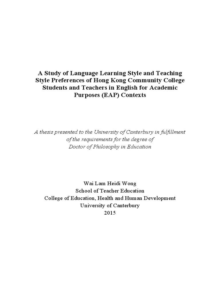 A Study of Language Learning Style and Teaching Style Preferences of Hong Kong Community College ...