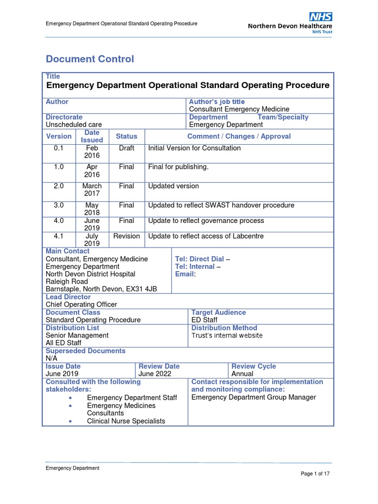 Emergency Department SOP V4.1 | PDF | Emergency Department | Patient