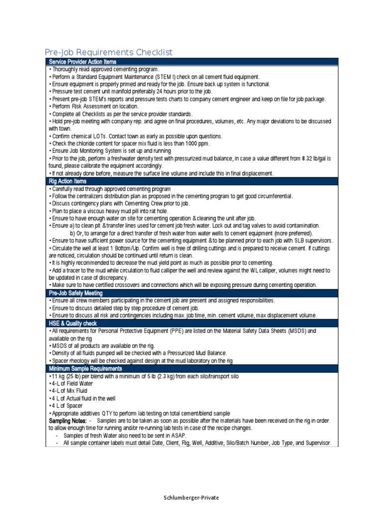 Pre-Job Requirements Checklist | PDF | Density | Water